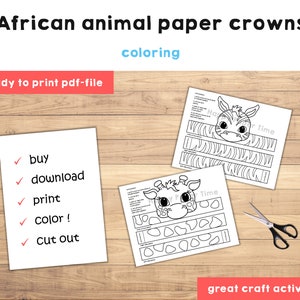 African Safari Animals Paper Crowns Giraffe Hippo Hyena Lion Zebra ...