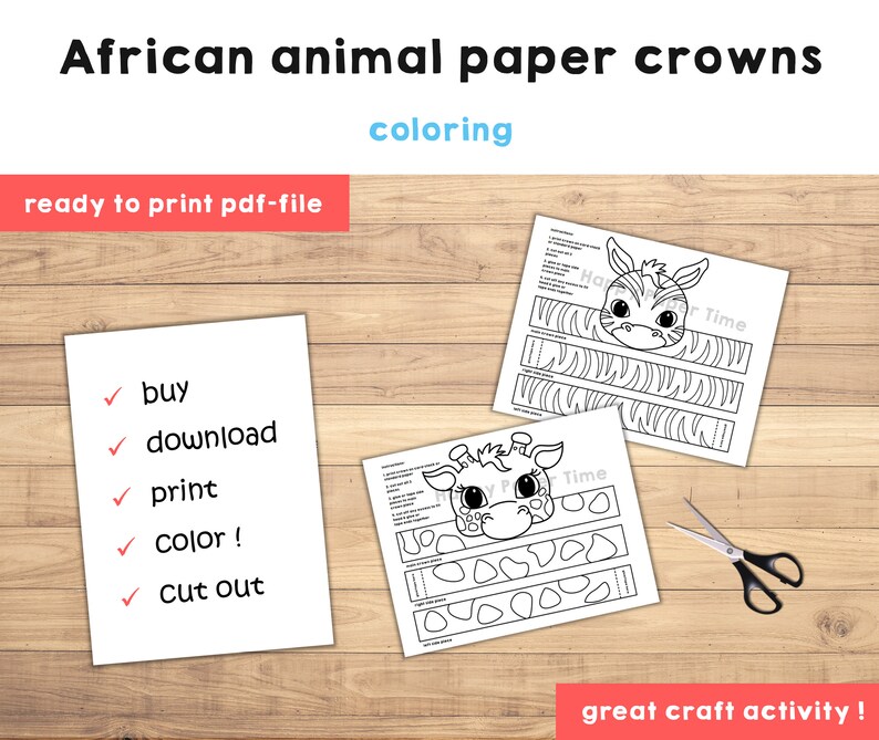 African Safari Animals Paper Crowns Giraffe Hippo Hyena Lion Zebra ...