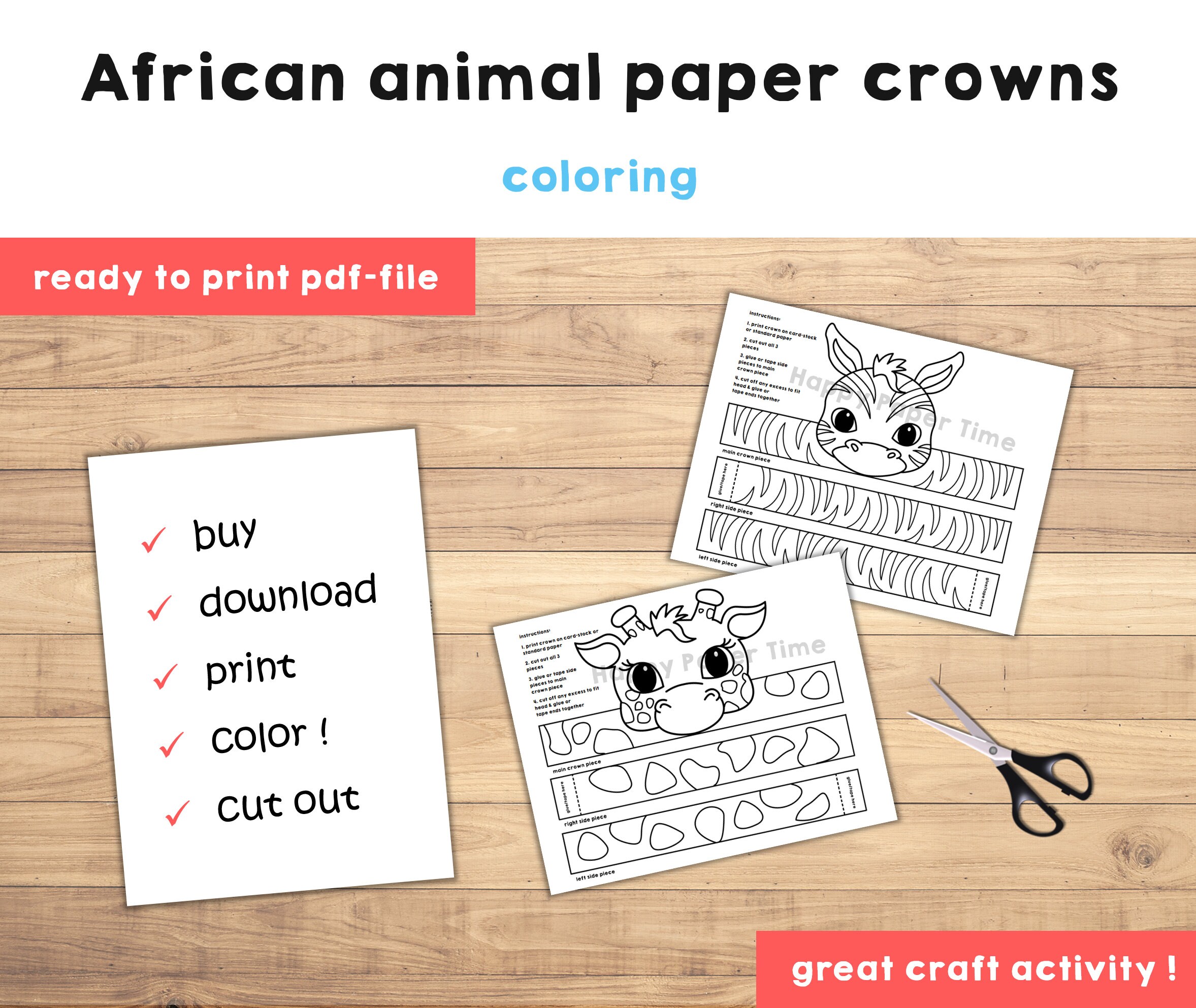 African Safari Animals Paper Crowns Giraffe Hippo Hyena Lion Zebra ...