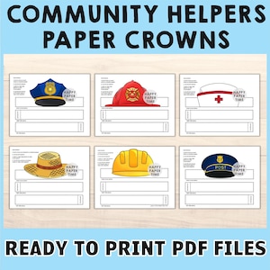Community Helpers Paper Crowns Police Builder Farmer Nurse Mail Carrier ...