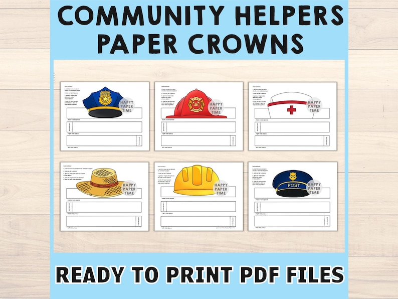 Community Helpers Paper Crowns Police Builder Farmer Nurse Mail Carrier ...