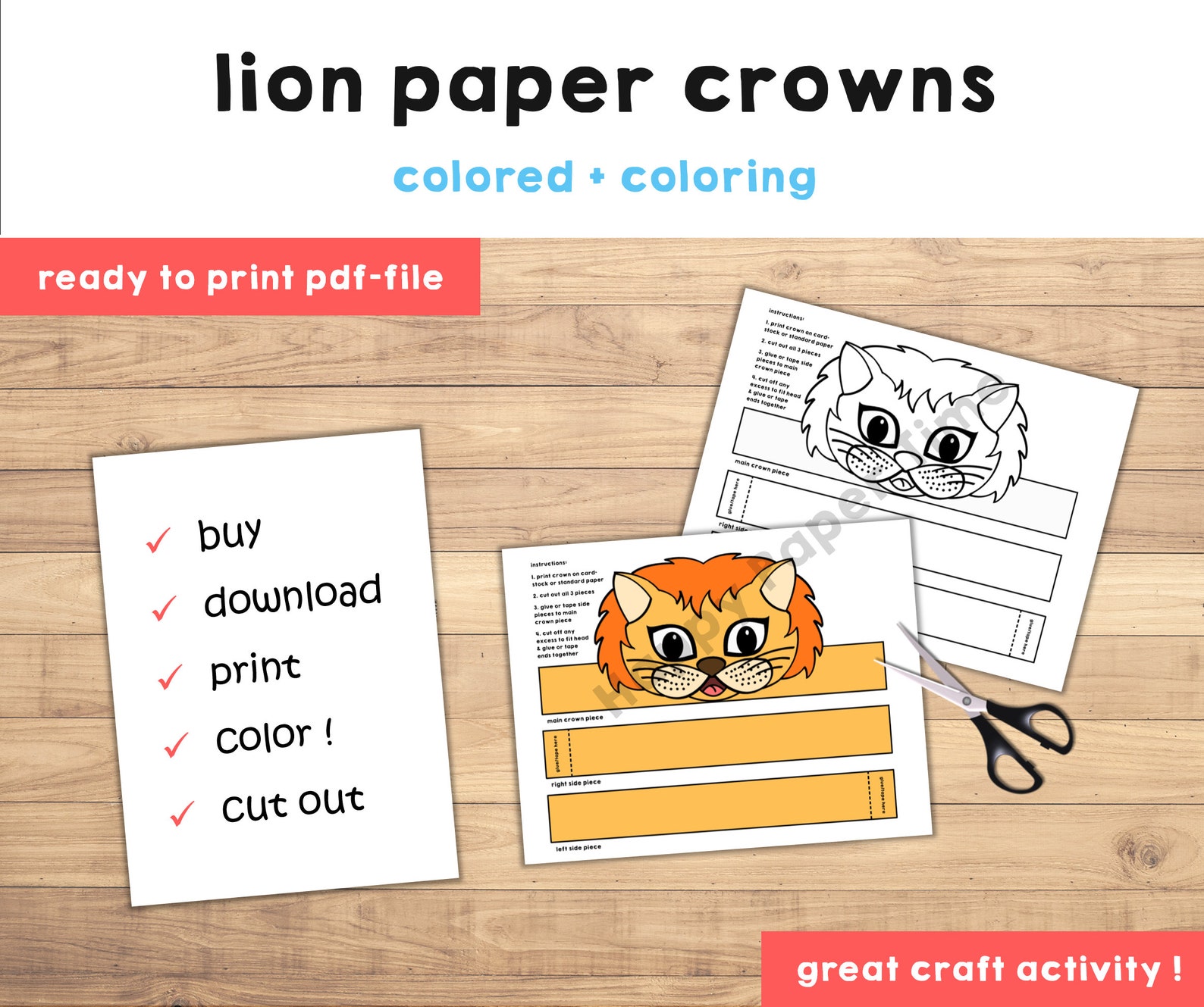 Lion Paper Crown Printable Coloring Table Decor Kids Craft Lion ...