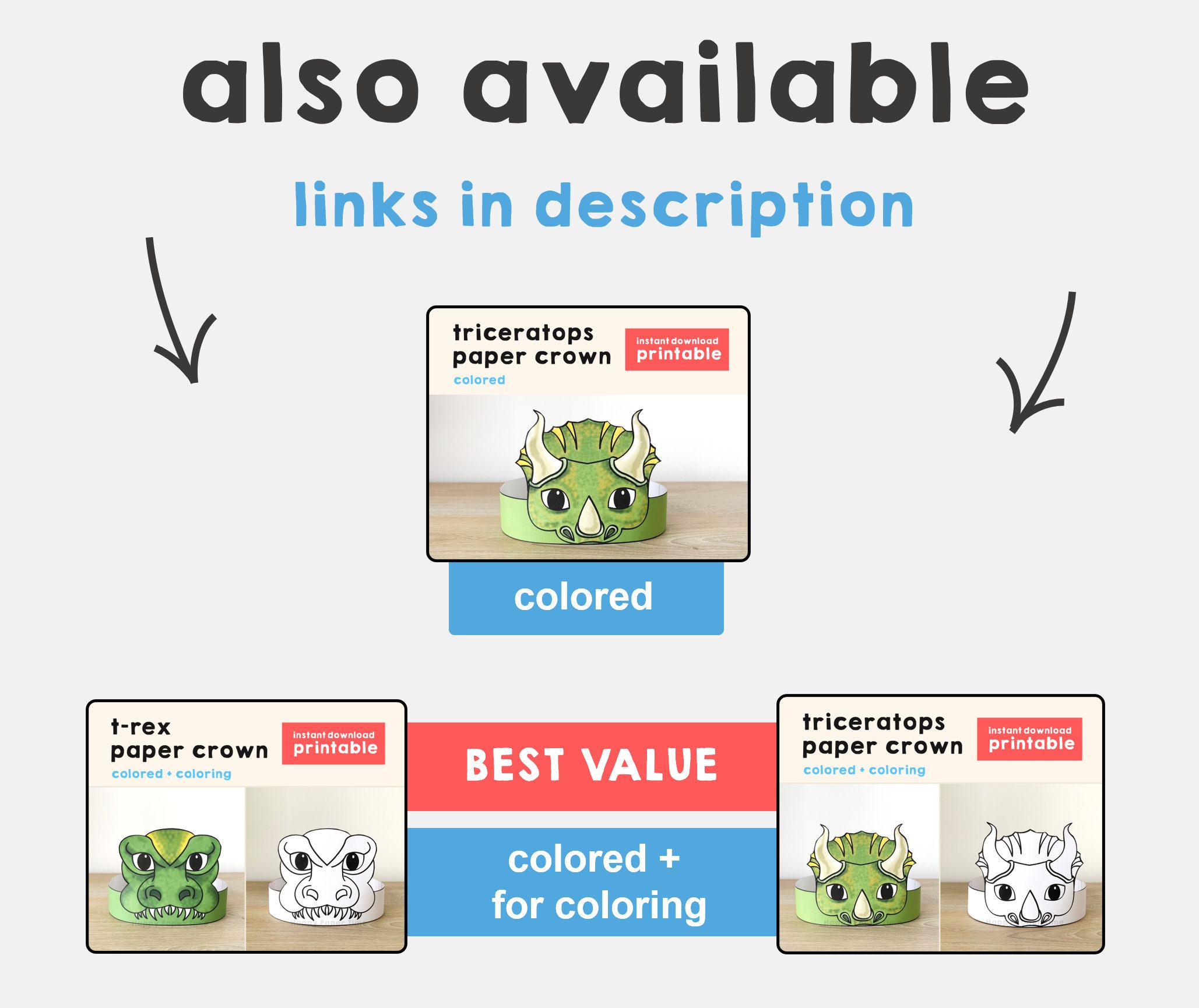 Triceratops Paper Crown Party Coloring Printable Kids Craft | Etsy