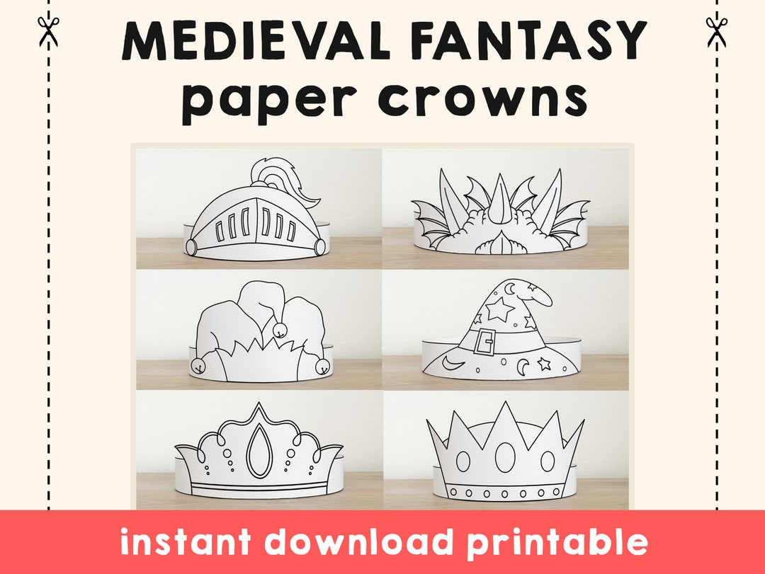 Medieval Fantasy Paper Crown Coloring Headband Knight Dragon Princess ...