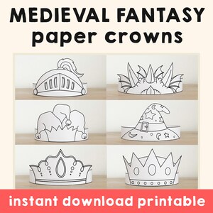 Medieval Fantasy Paper Crown Coloring Headband Knight Dragon Princess ...
