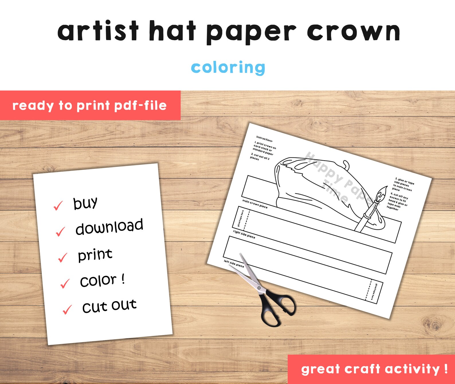 Artist Hat Painter Paper Crown French Party Coloring Printable Kids ...