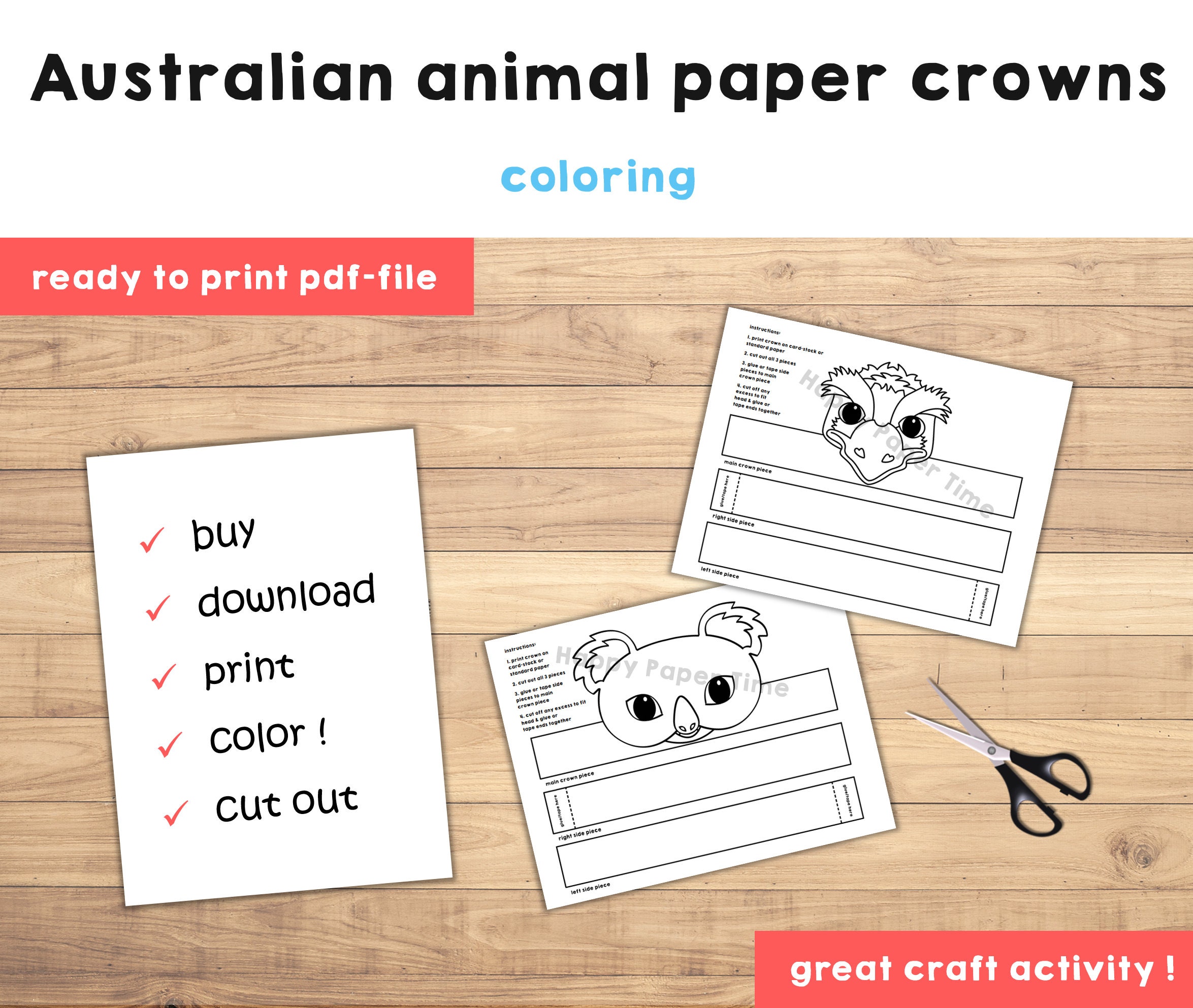 Australian Animal Paper Crowns Safari Koala Kangaroo Crocodile - Etsy ...