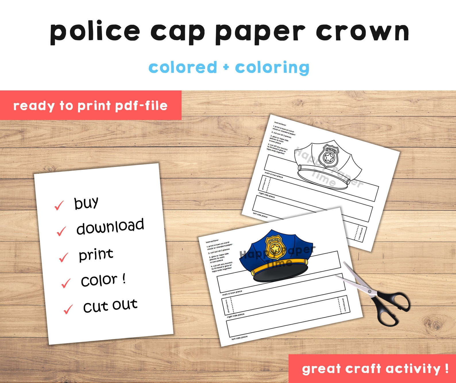 Police Cap Hat Paper Crown Party Coloring Printable Kids Craft | Etsy
