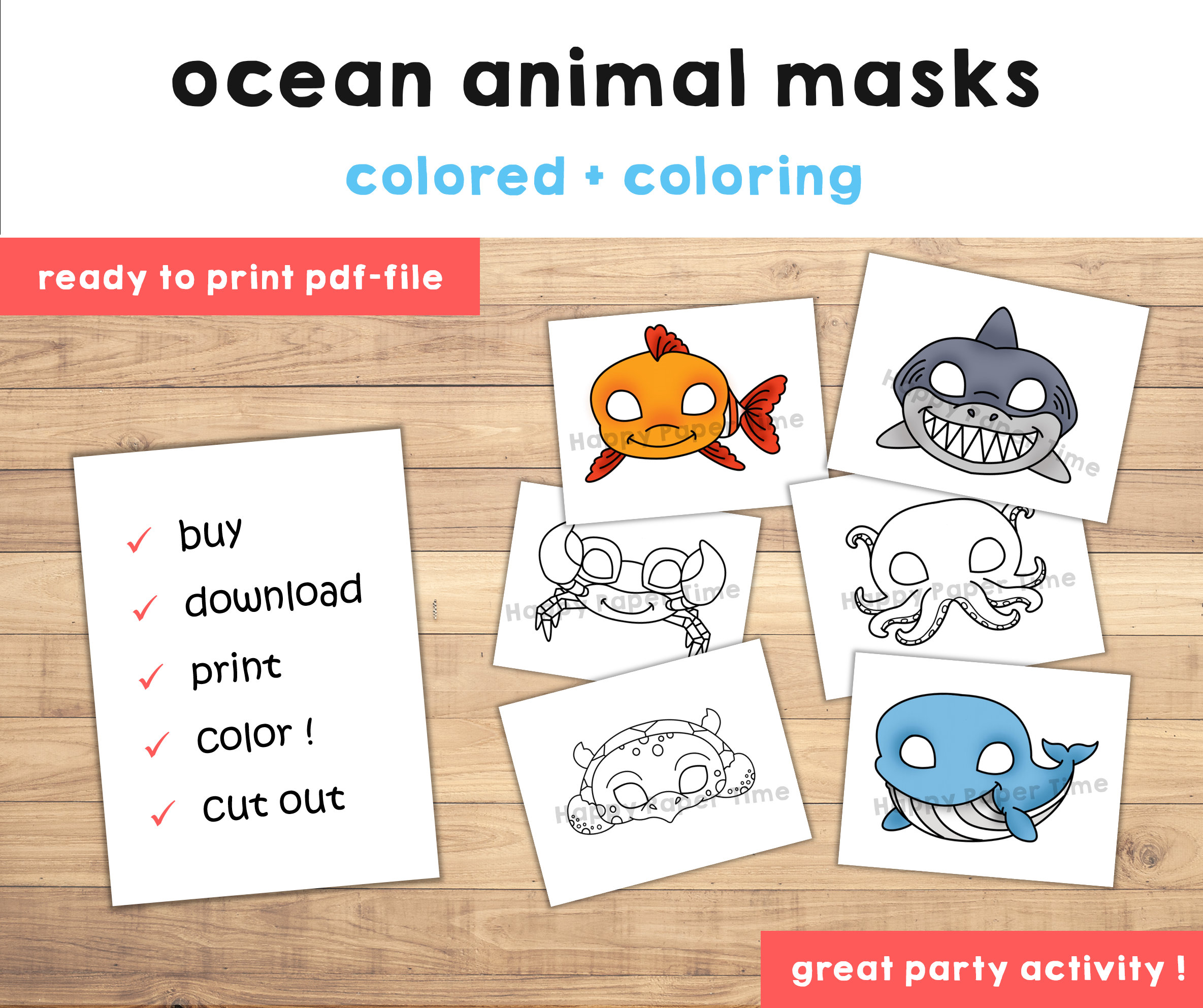 Ocean Animal Masks Template Crab Sea Turtle Whale Shark - Etsy