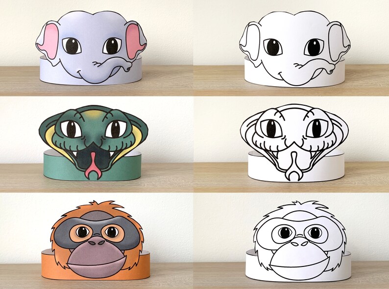Asian Jungle Animals Paper Crowns Panda Elephant Cobra Tiger Orangutan ...
