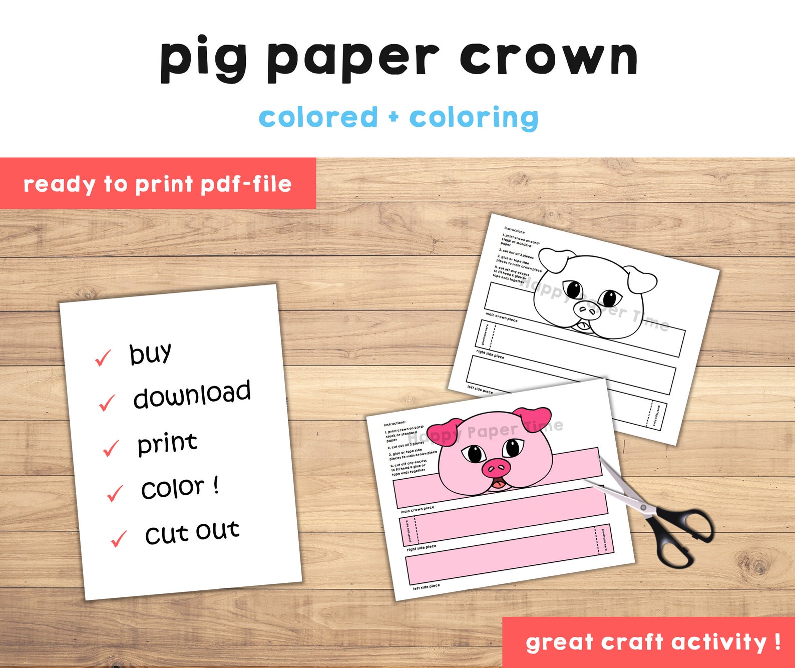 Pig Paper Crown Template Coloring Activity Printable Kids - Etsy