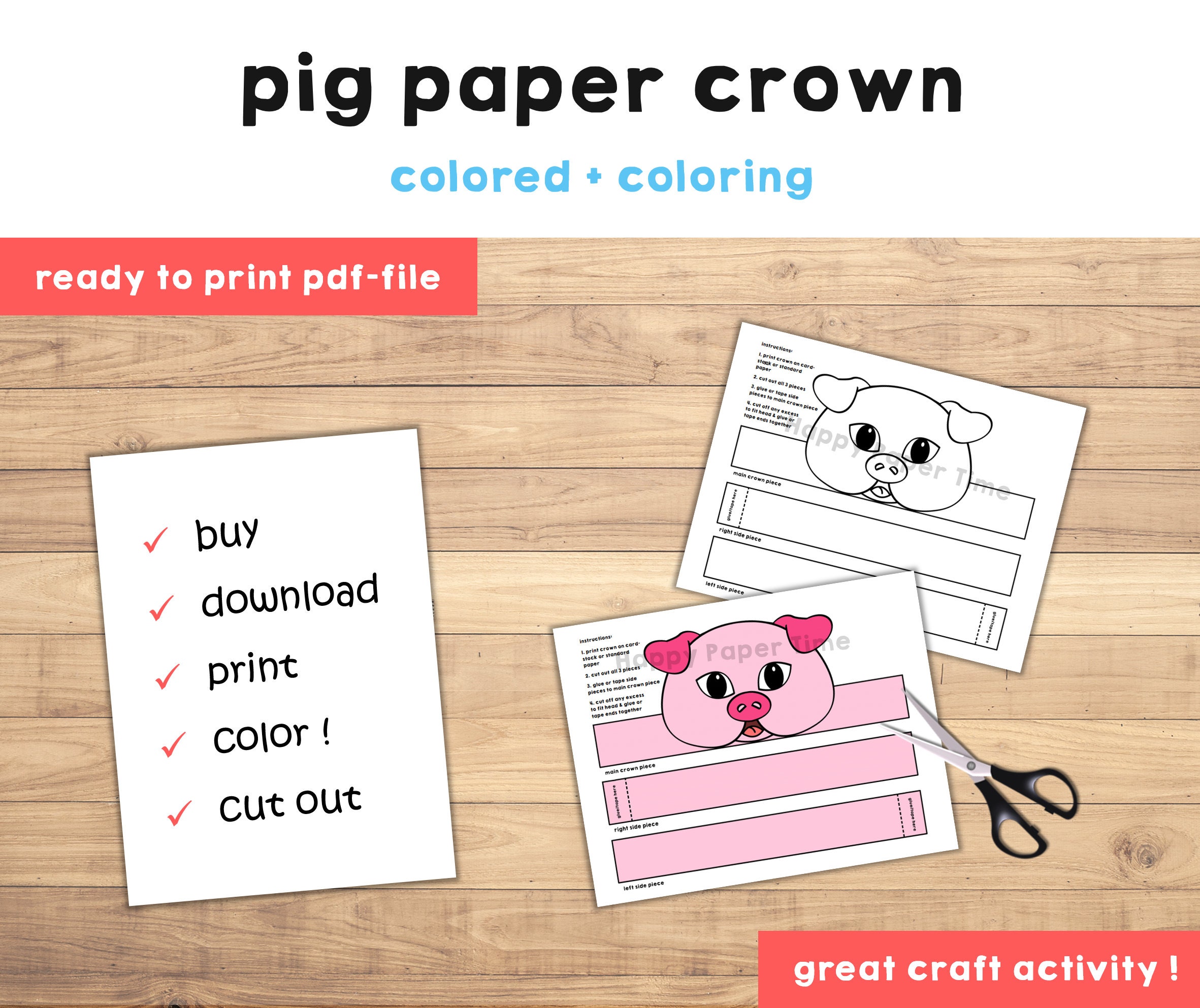 Pig Paper Crown Template Coloring Activity Printable Kids Craft Farm ...