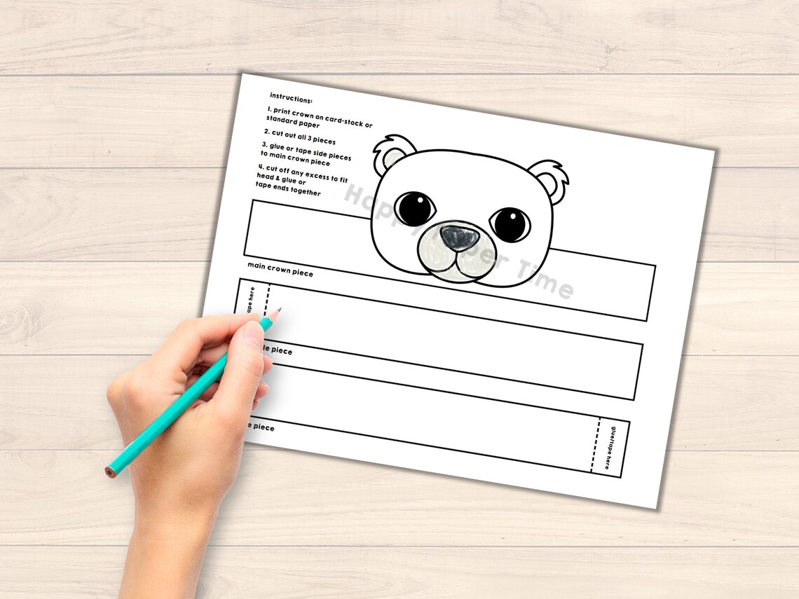 Polar Bear Paper Crown Party Coloring Paper Hat Printable Kids Craft ...