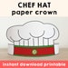 Chef Hat Cook Paper Crown Restaurant Party Printable Kids Craft ...