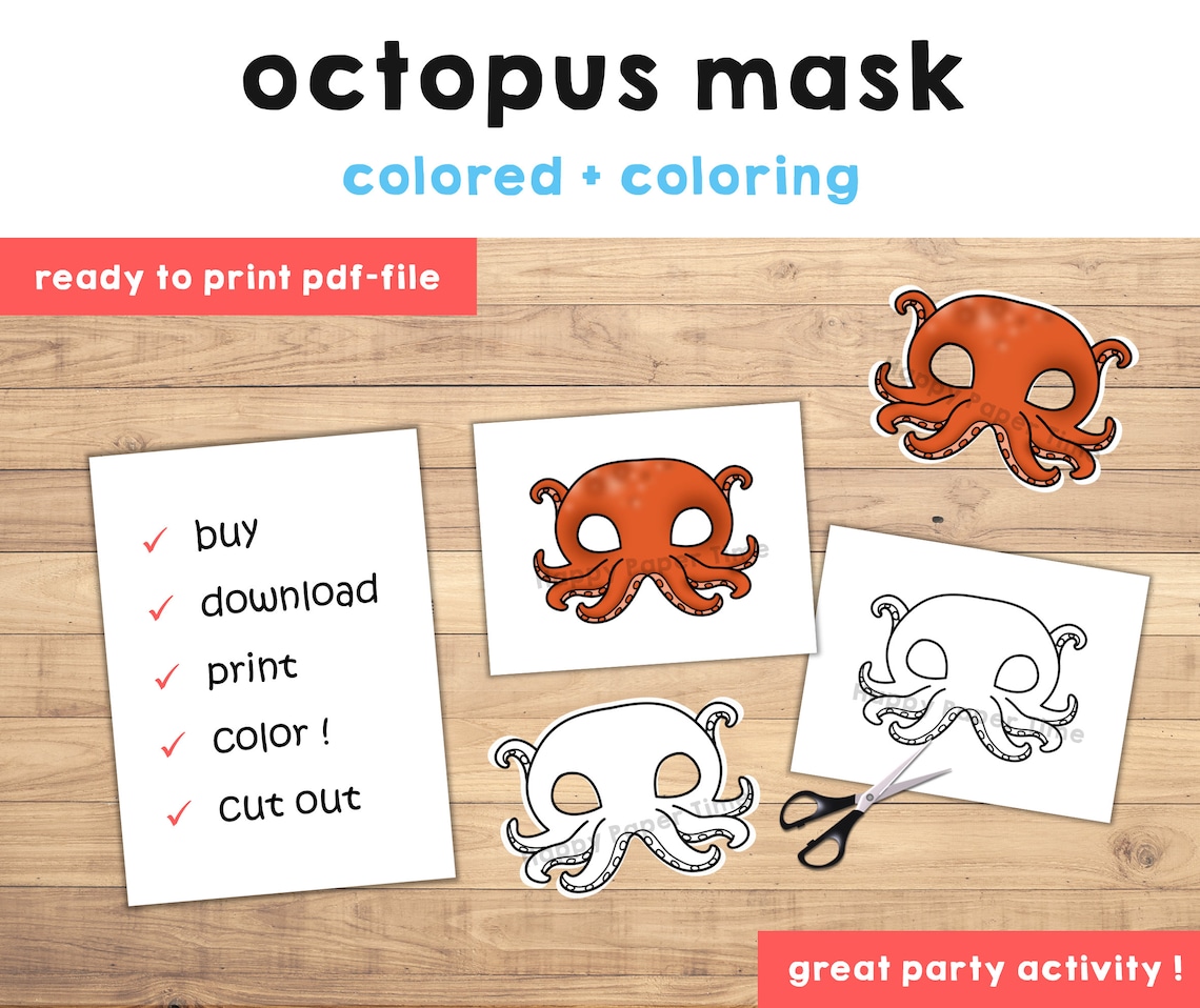 Octopus mask template costume kids diy ocean sea animal party | Etsy