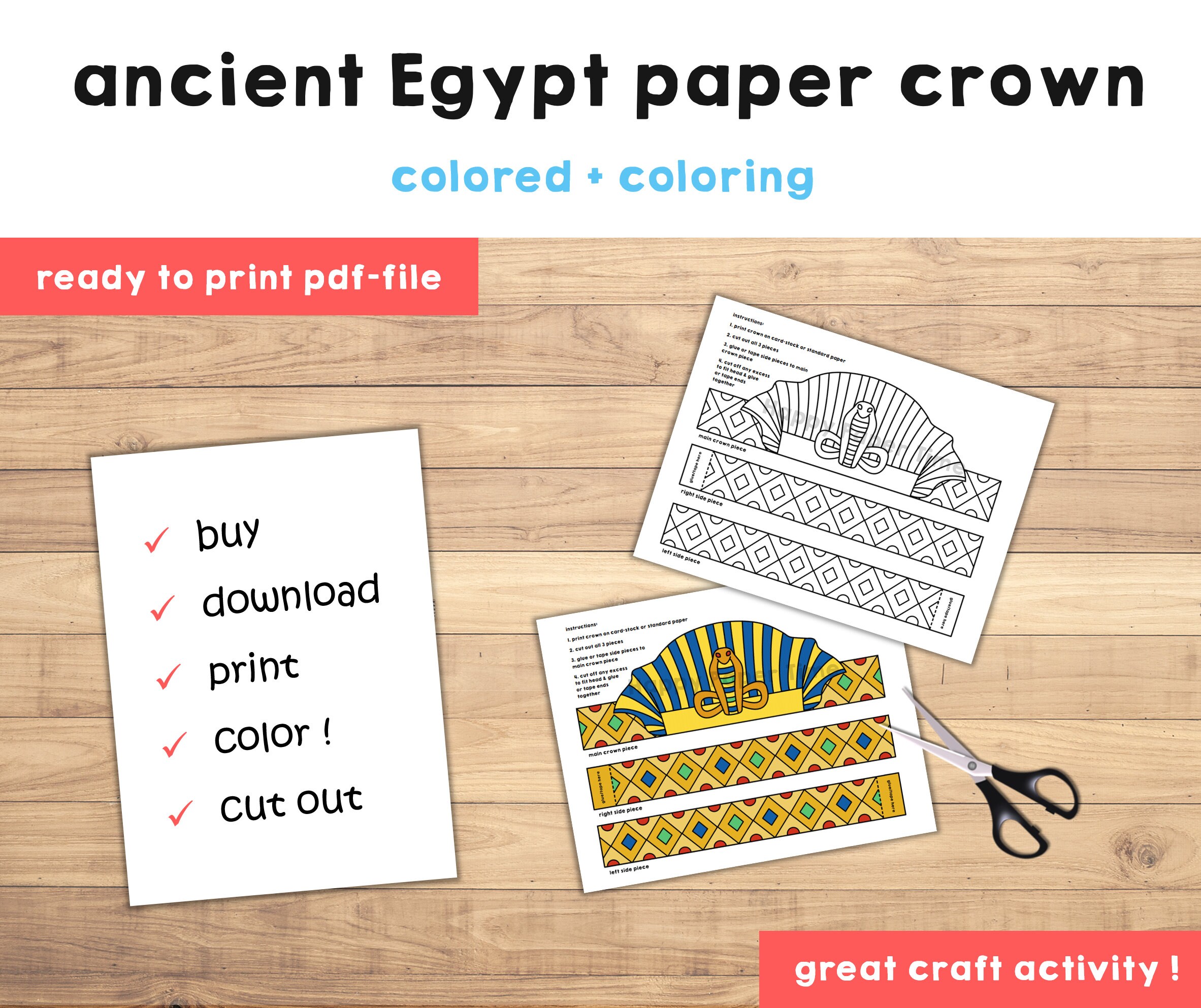 Pharaoh Paper Crown Ancient Egypt Template Party Coloring | Etsy