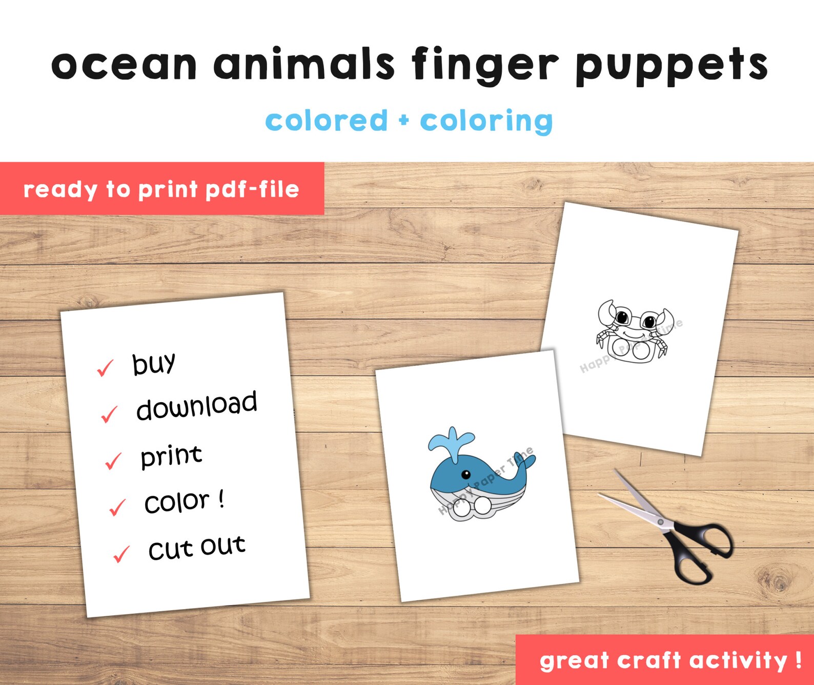 Ocean Animals Paper Craft Printable Finger Puppet Template Kids Craft ...