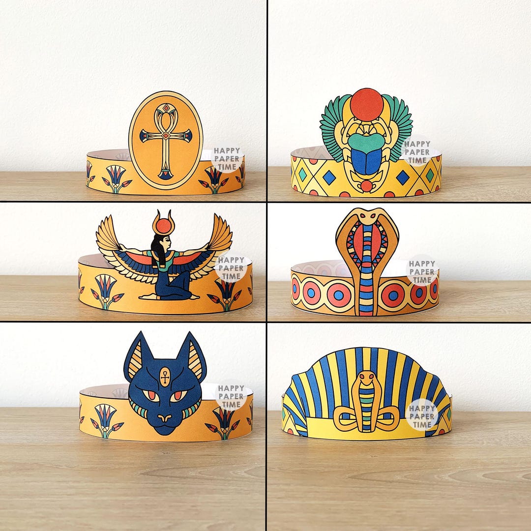 Ancient Egypt Paper Crowns Pharaoh Cobra Cleopatra Isis Scarab Cat Ankh ...