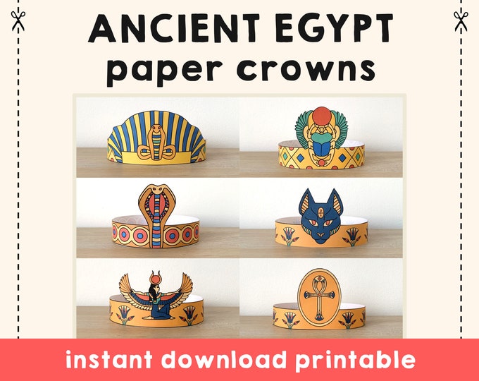 Ancient Egypt Paper Crowns Pharaoh Cobra Cleopatra Isis Scarab Cat Ankh ...
