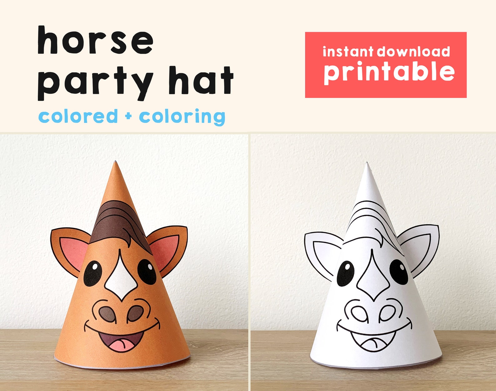 Horse party hat paper printable Template Print Farm animal | Etsy