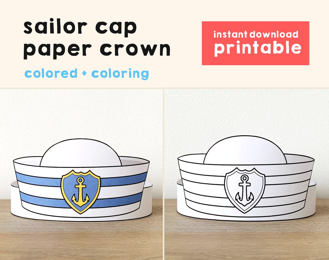 Sailor Hat Cap Paper Crown Party Coloring Printable Kids Craft - Etsy