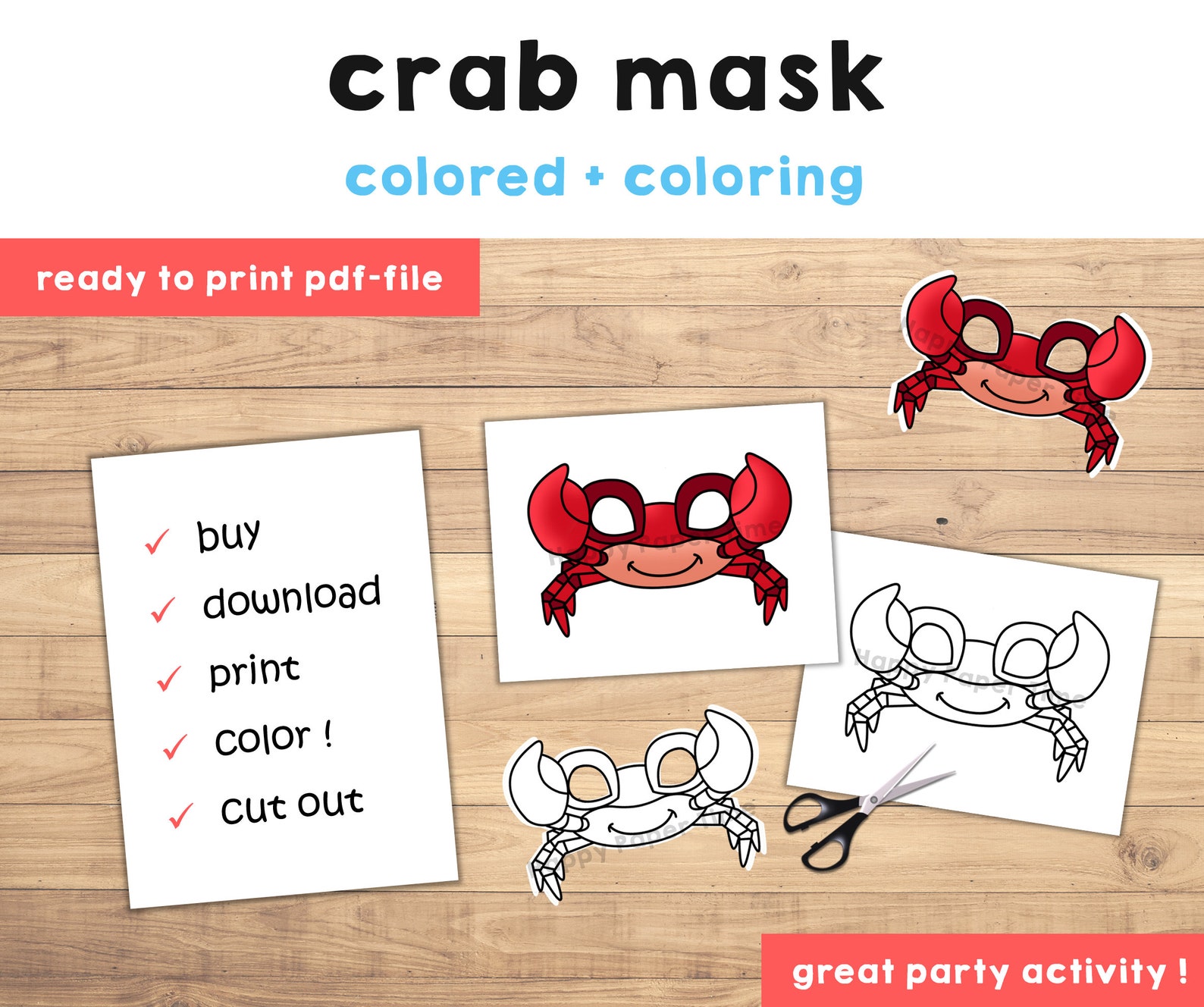 Crab Mask Template Costume Kids Diy Ocean Sea Animal Party Fun Favor ...