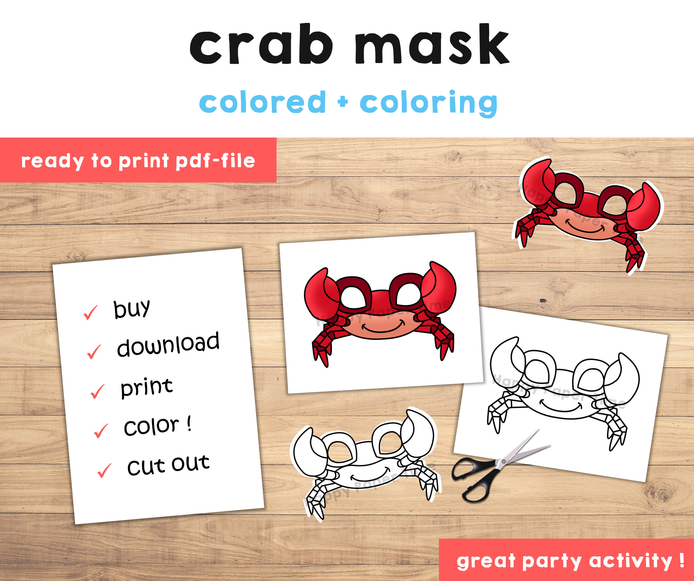 Crab Mask Template Costume Kids Diy Ocean Sea Animal Party Fun - Etsy India