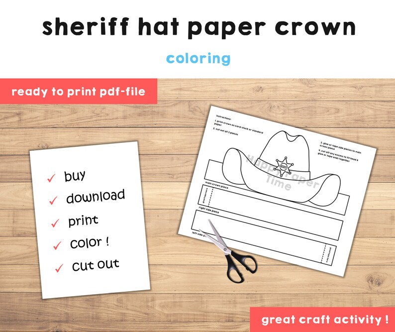 Sheriff Hat Paper Crown Party Coloring Printable Kids Craft - Etsy
