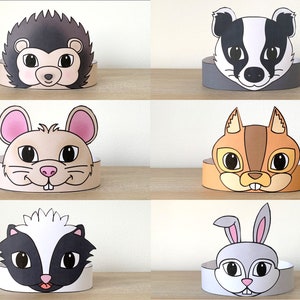 Woodland Animals Paper Crowns Hedgehog Mouse Squirrel Rabbit Skunk ...