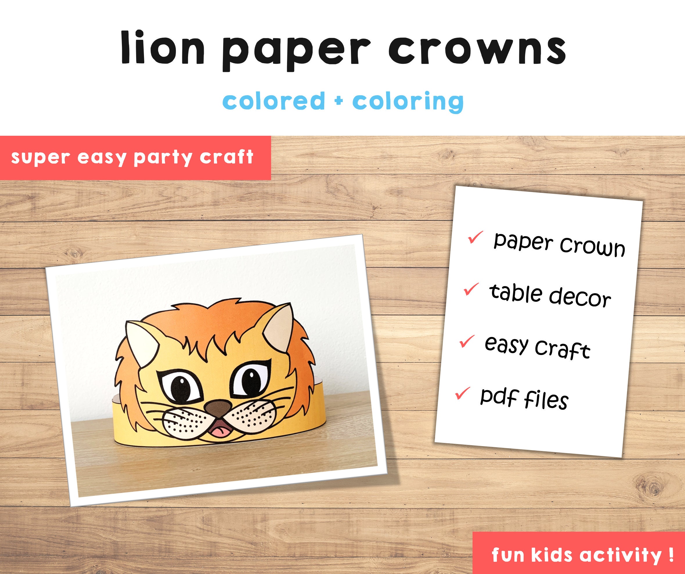 Lion Paper Crown Printable Coloring Table Decor Kids Craft Lion ...