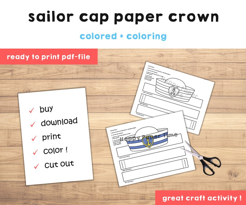 Sailor Hat Cap Paper Crown Party Coloring Printable Kids Craft - Etsy