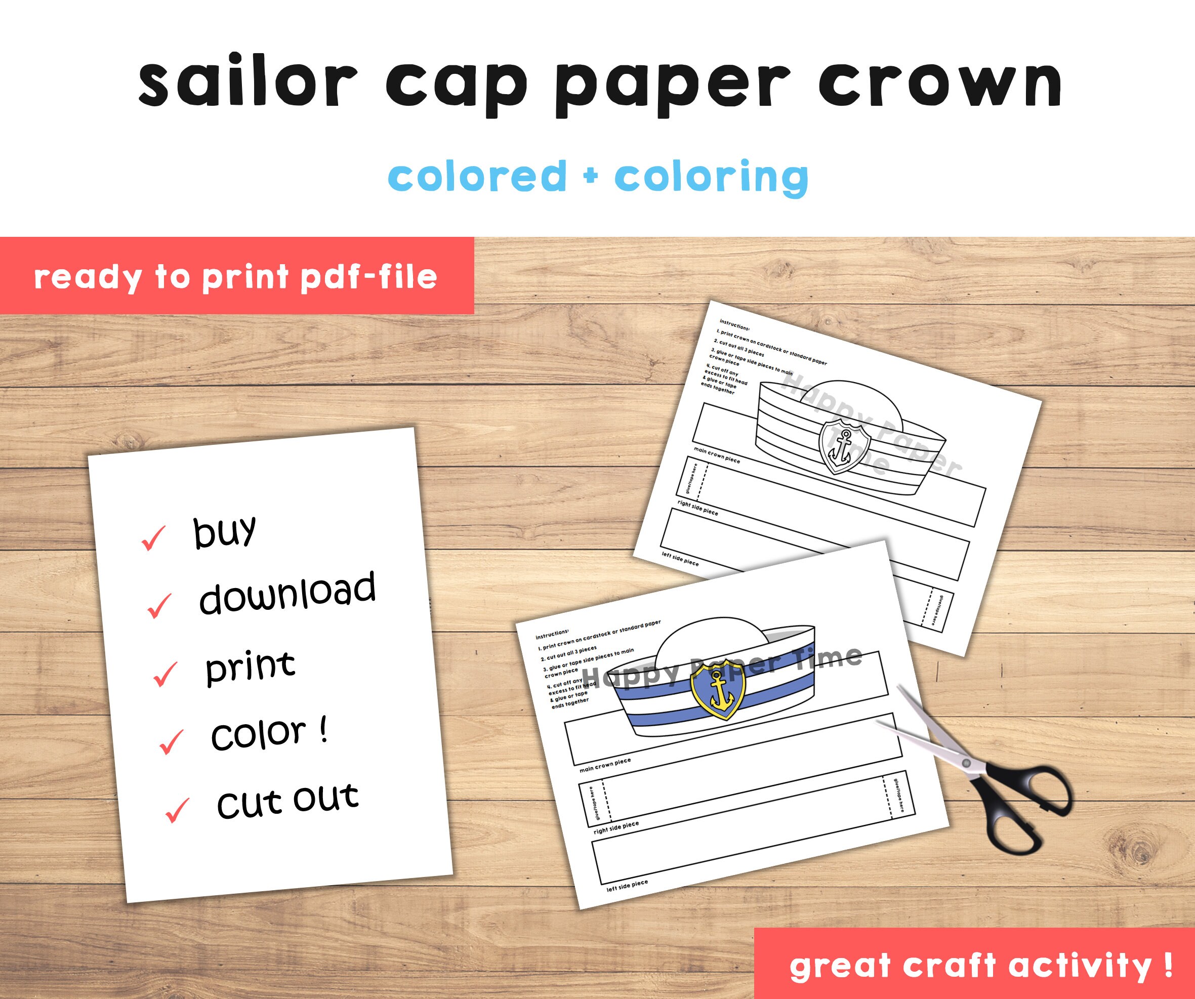 Sailor Hat Cap Paper Crown Party Coloring Printable Kids Craft - Etsy