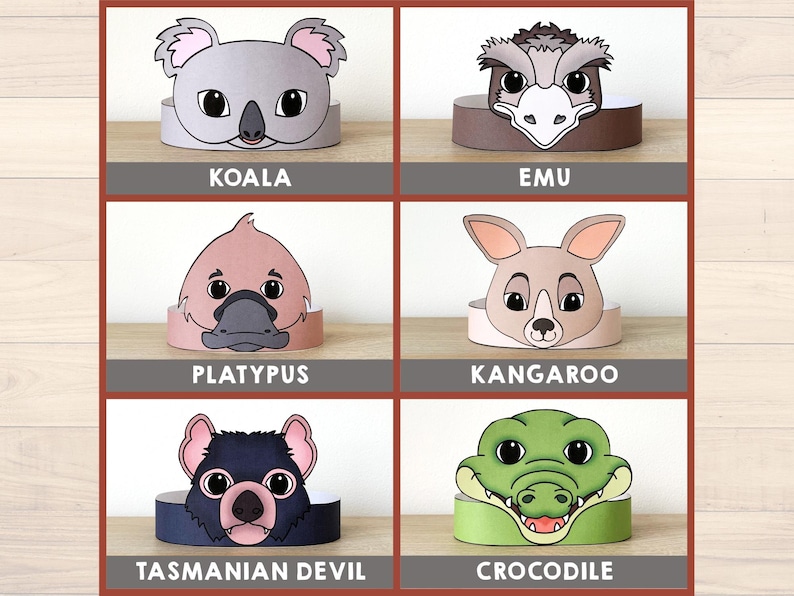 Australian Animal Paper Crowns Headband Safari Koala Kangaroo Crocodile ...