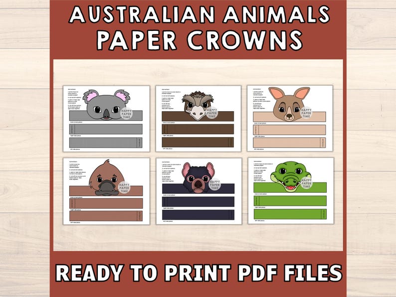 Australian Animal Paper Crowns Headband Safari Koala Kangaroo Crocodile ...