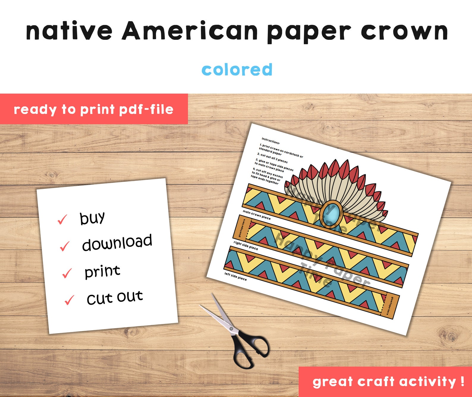 Native American Paper Craft Headdress Crown Party Template | Etsy