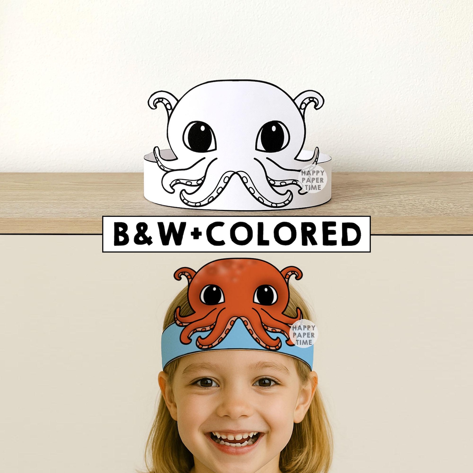 Octopus Paper Crown Party Coloring Printable Party Hat Kids Craft Ocean ...