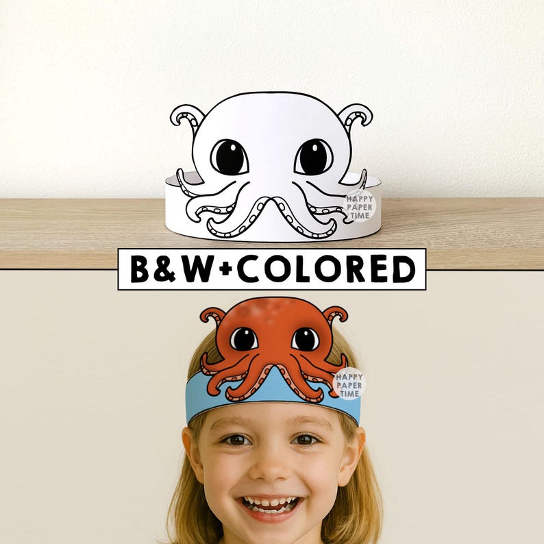 Octopus Paper Crown Party Coloring Printable Party Hat Kids Craft Ocean ...