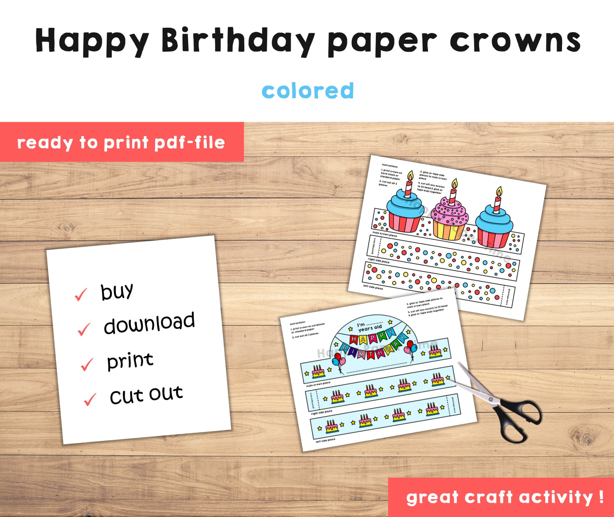 Happy Birthday Paper Crowns Party B-day Printable Kids Craft - Etsy