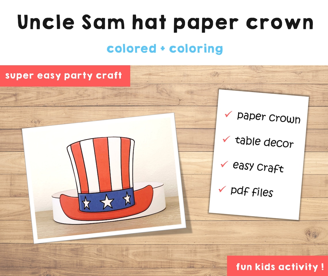 Uncle Sam Hat Paper Crown Party Coloring Printable Kids Craft - Etsy