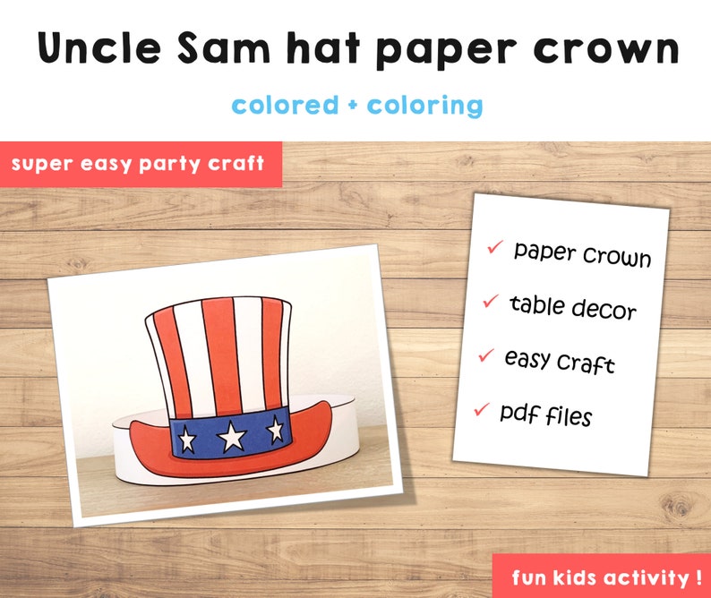 Uncle Sam Hat Paper Crown Party Coloring Printable Kids Craft - Etsy