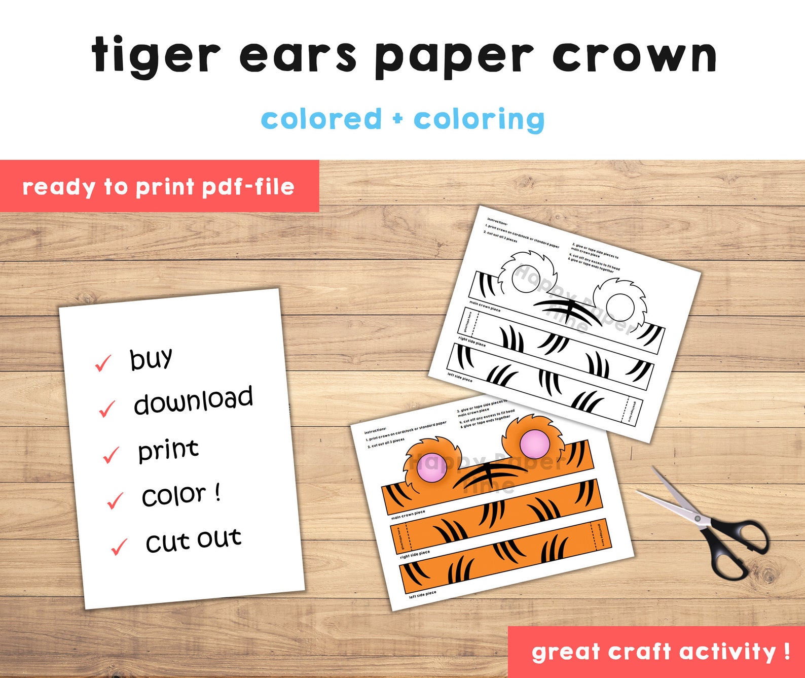 Tiger Ears Paper Crown Party Coloring Printable Kids Craft - Etsy
