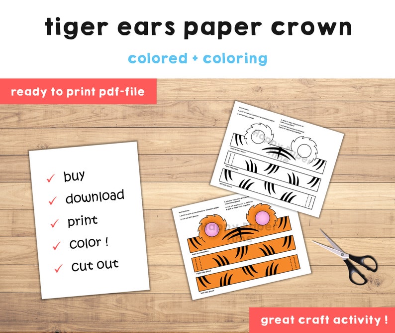 Tiger ears Paper Crown Party Coloring Printable Kids Craft | Etsy