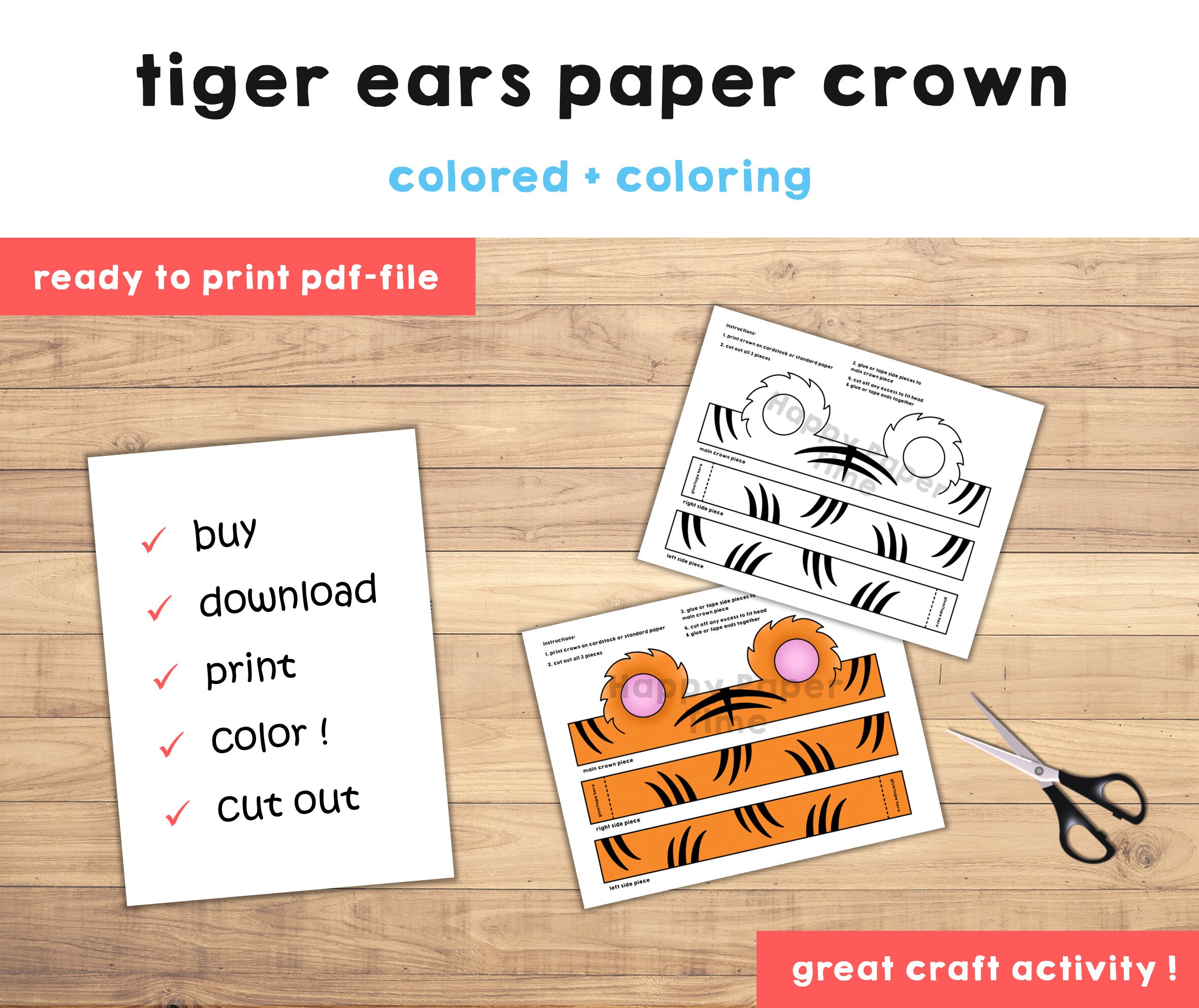 Tiger Ears Paper Crown Party Coloring Printable Kids Craft - Etsy Canada