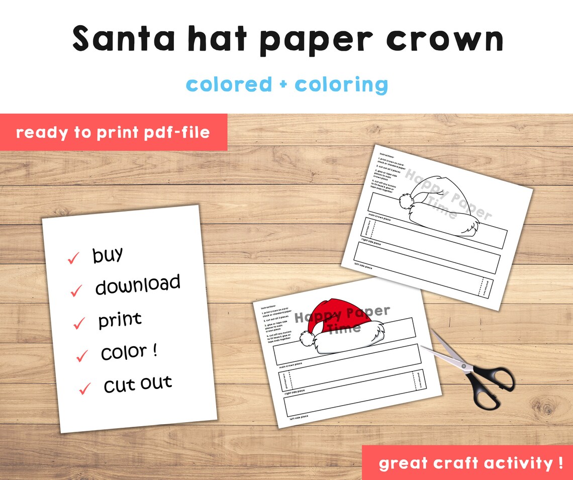 Santa Paper Crown Hat Christmas Winter Holiday Party Coloring Printable ...