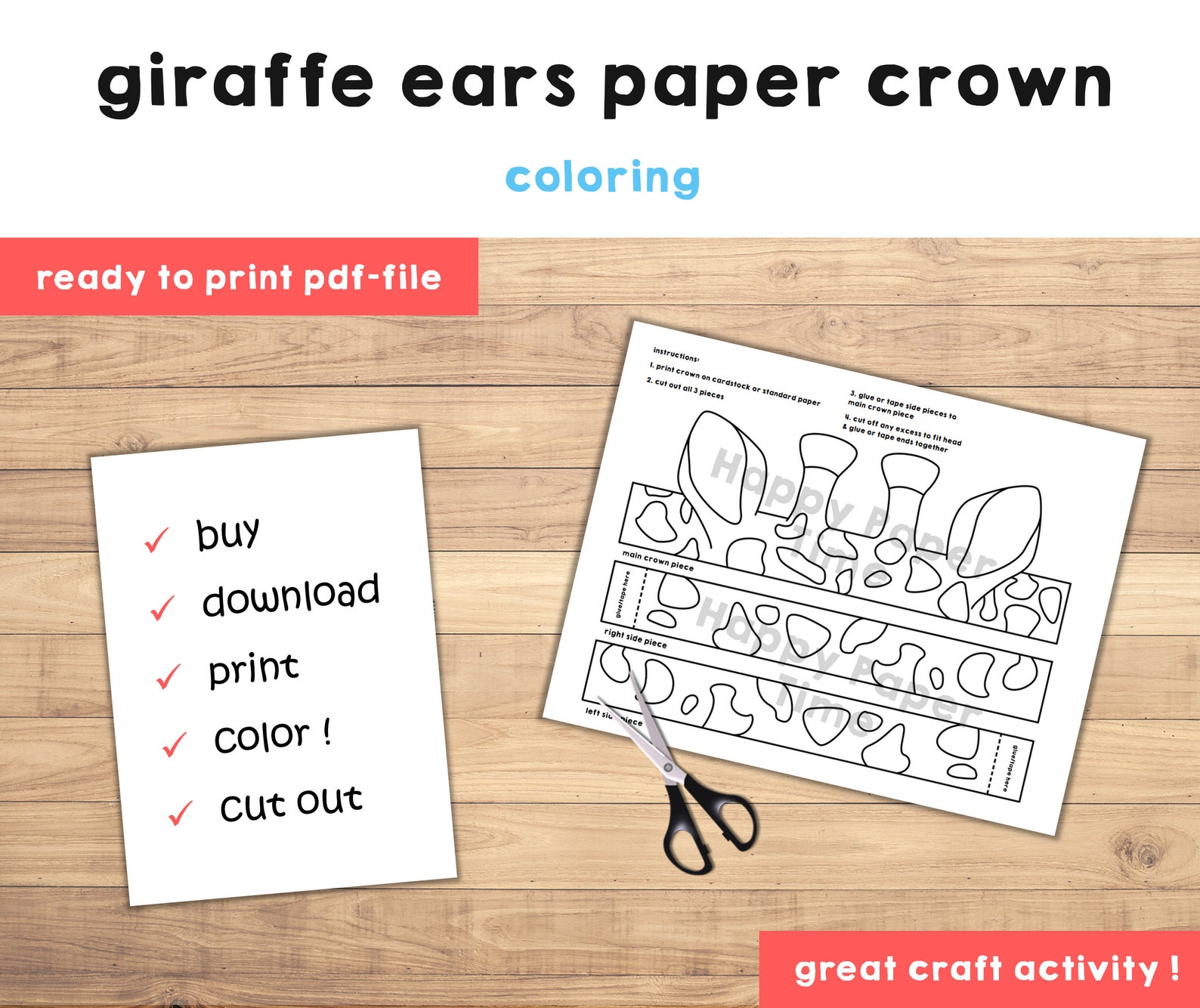 Giraffe Ears Paper Crown Party Coloring Printable Kids Craft | Etsy