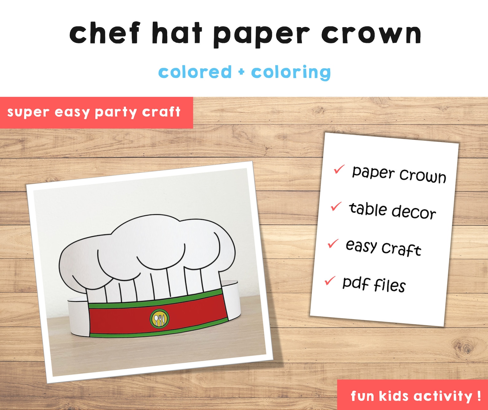 Chef Hat Cook Paper Crown Restaurant Party Coloring Printable - Etsy