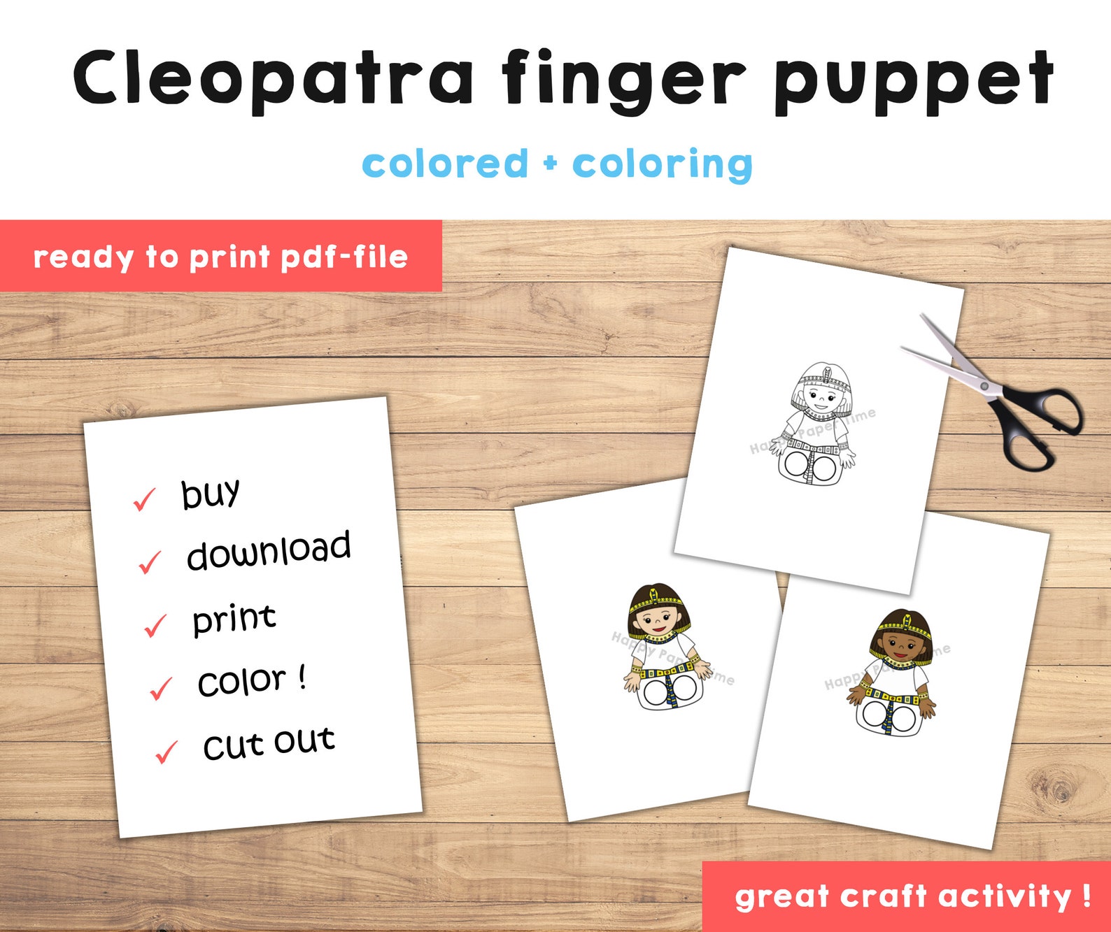 Cleopatra Paper Craft Printable Ancient Egypt Queen Finger Puppet Kids ...