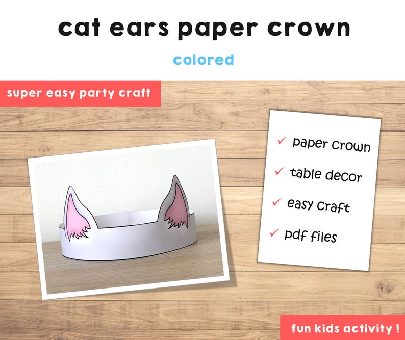 Cat ears Paper Crown Party Coloring Printable Kids Craft | Etsy