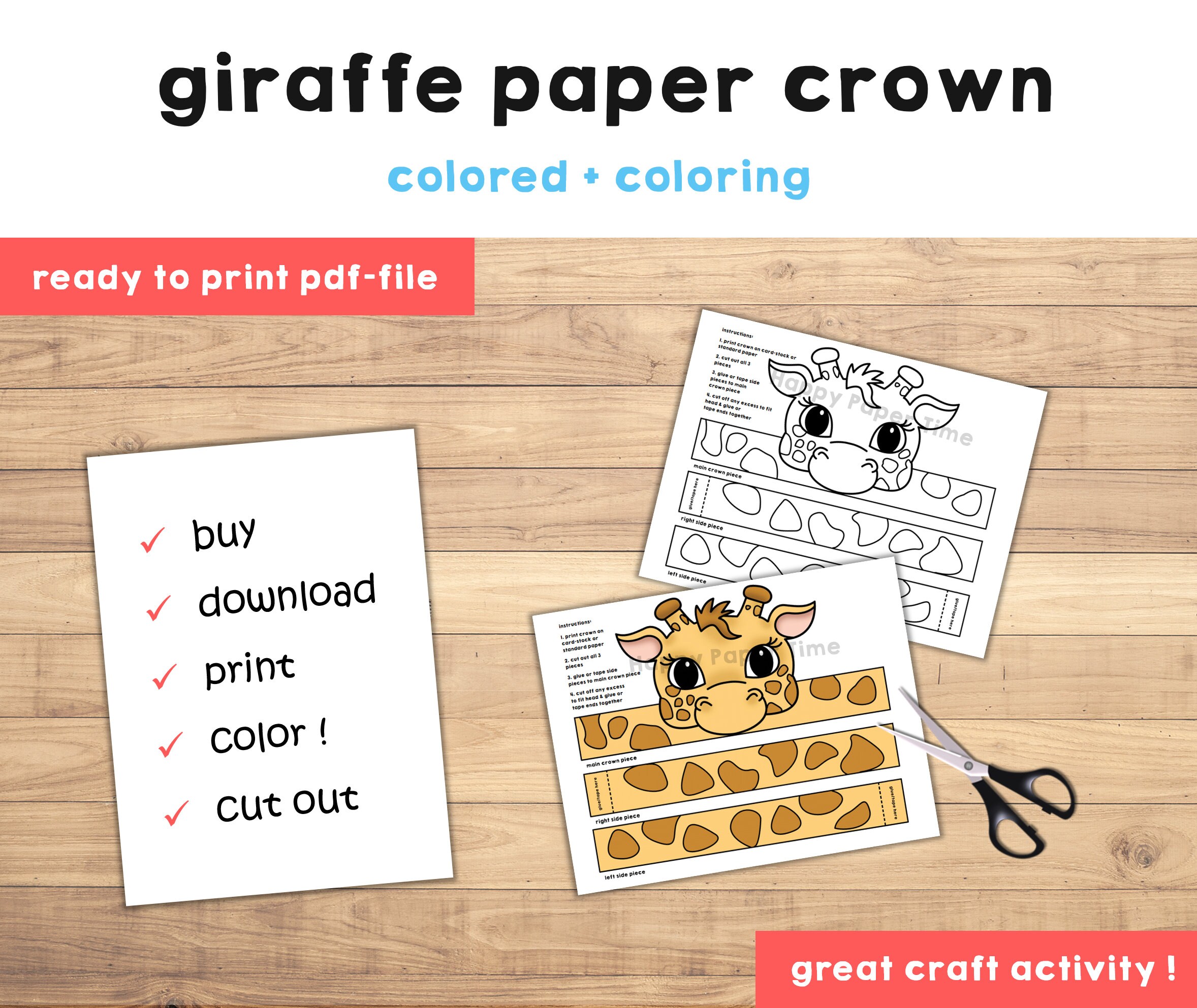 Giraffe Paper Crown Party Coloring Printable Kids Craft African ...