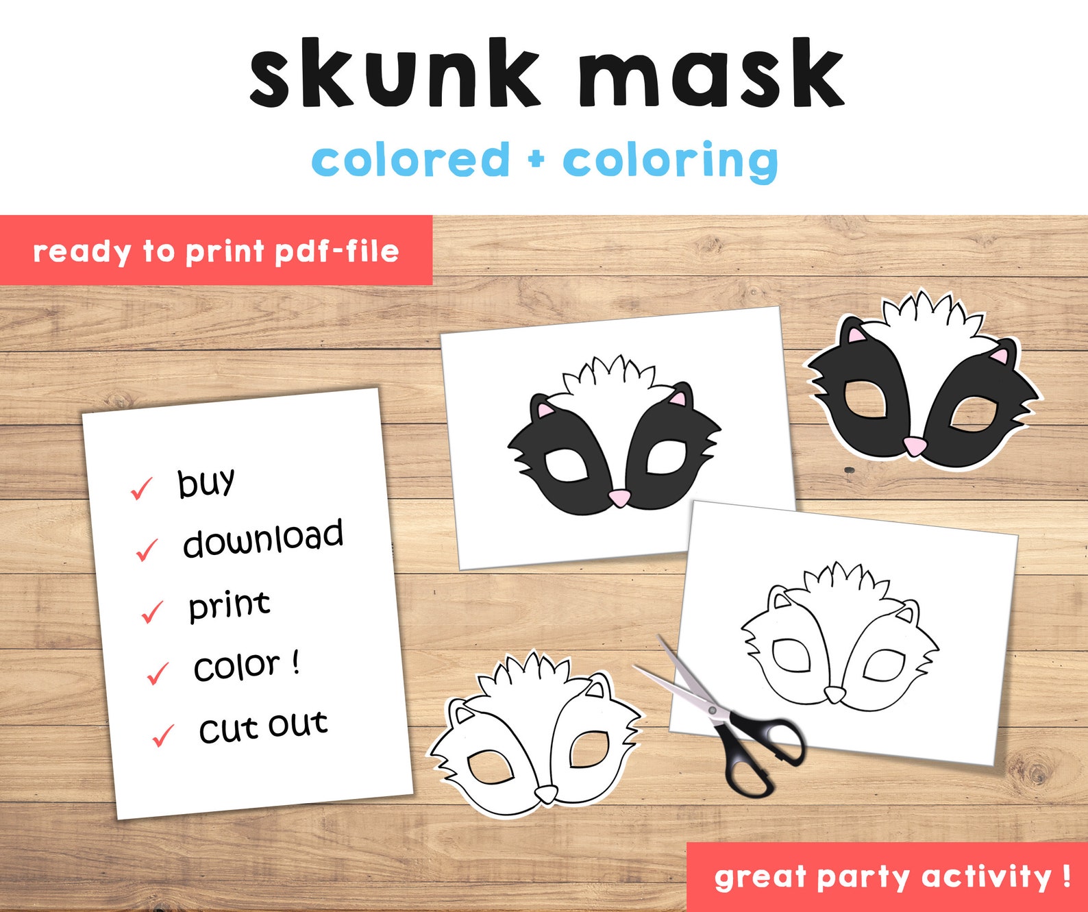Skunk Mask Woodland Mask Animal Mask Kids Party Favor Skunk - Etsy